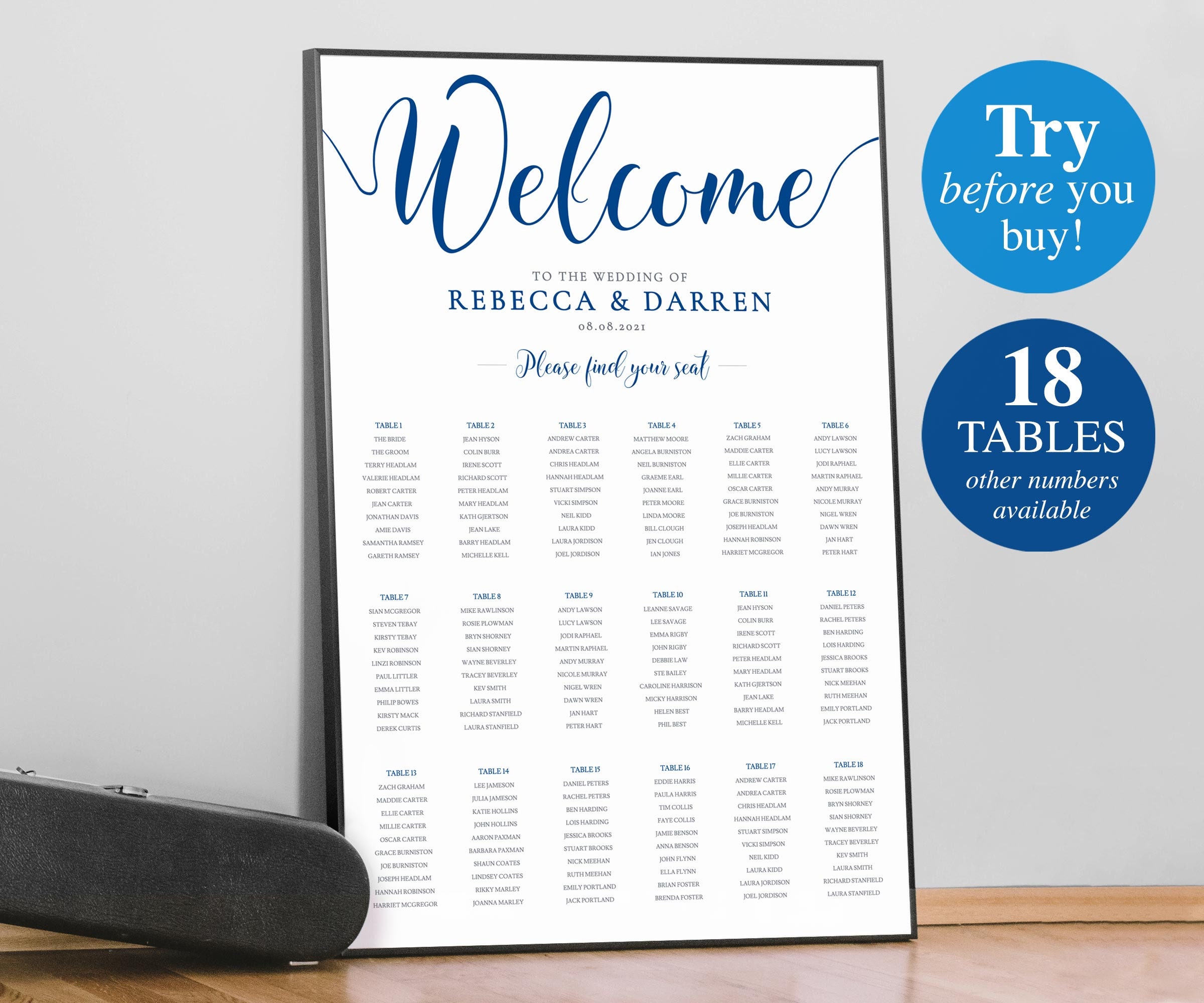 Royal Blue Wedding Seating Chart Template 18 Tables - Etsy