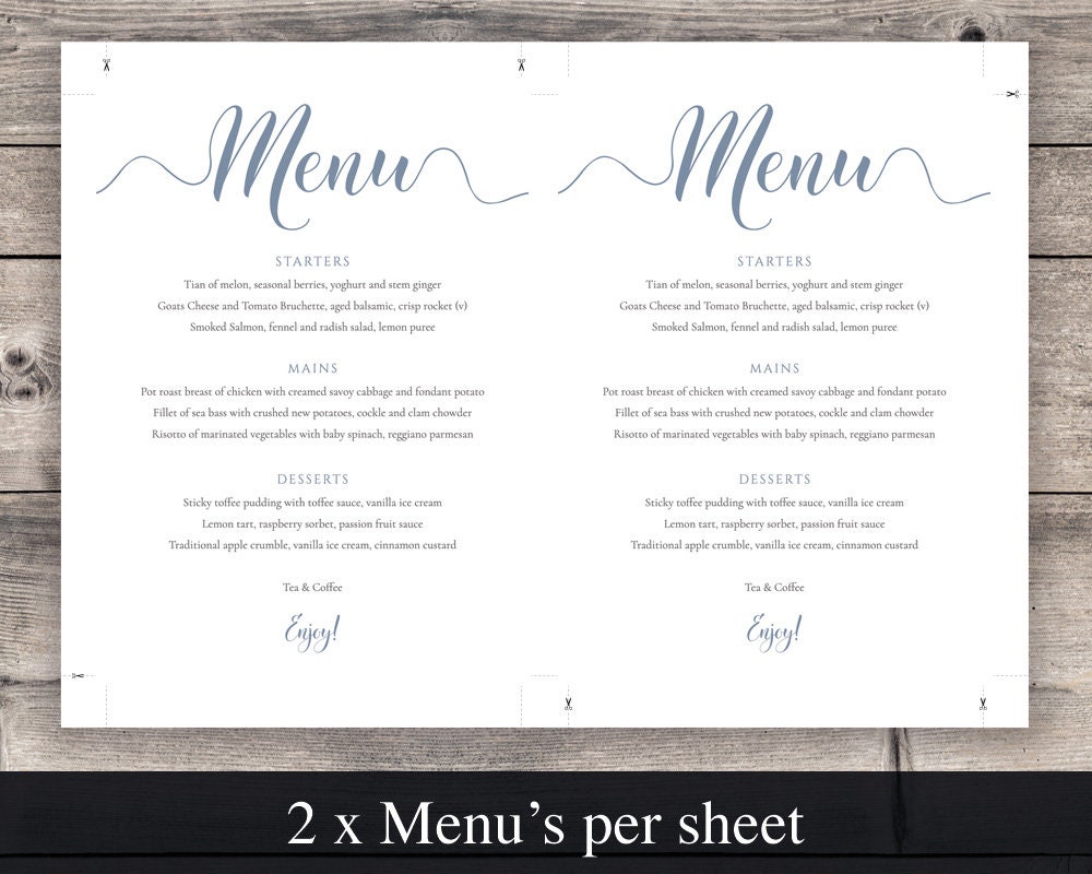 Dusty Blue Wedding Menu Template 5x7 Table Menu Card - Etsy