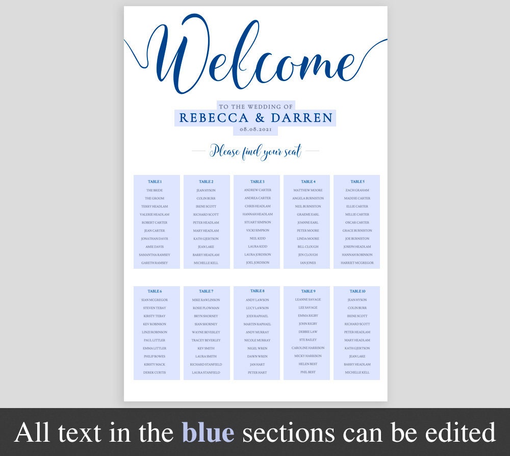 Royal Blue Wedding Seating Chart 10 Tables. 24x36 Seating Plan Template ...