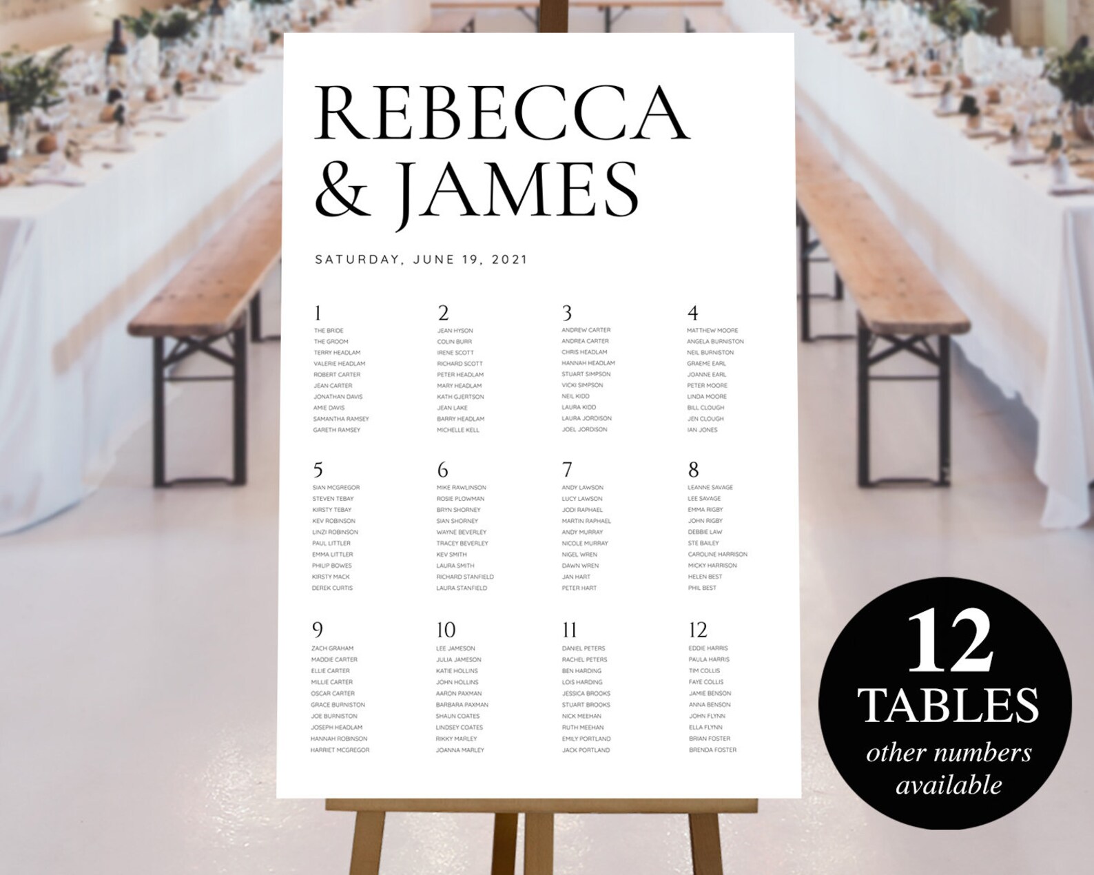 12 Table Wedding Seating Chart Template. Large Seating Plan A1 or 24x36 ...