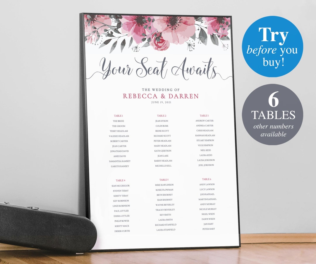 Wedding Seating Chart Template 6 Tables. Floral Seating Plan 24x36 - Etsy