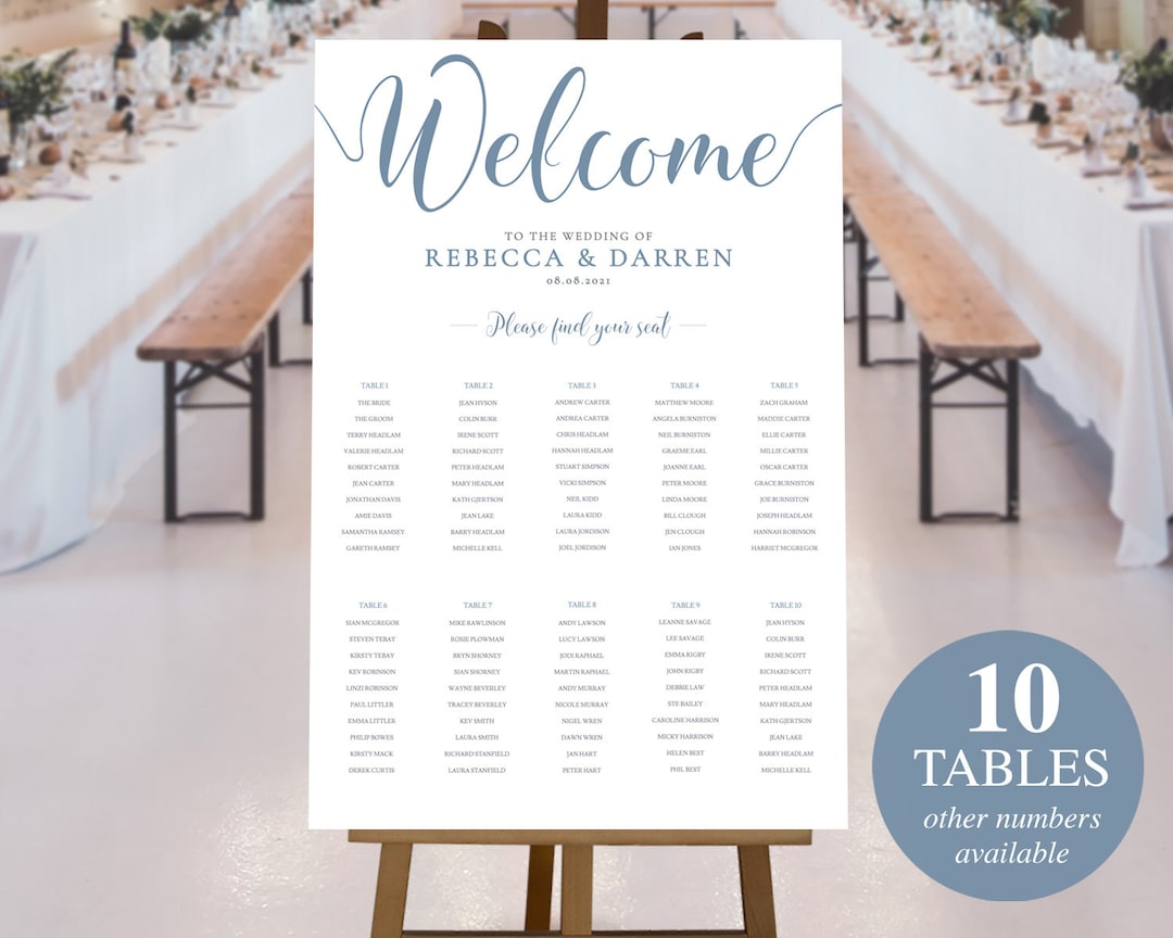 10 Table Wedding Seating Chart - Printable Editable Template Download ...