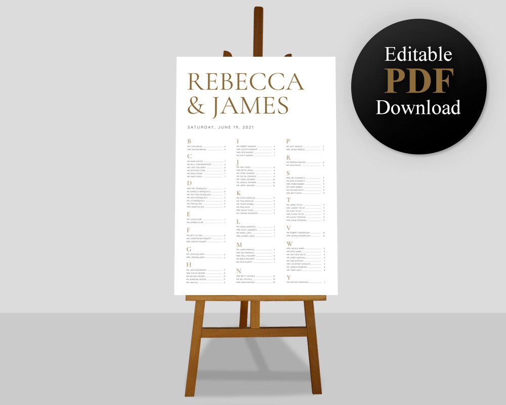 Gold Wedding Seating Chart. Large Alphabetical Seating Plan - Etsy