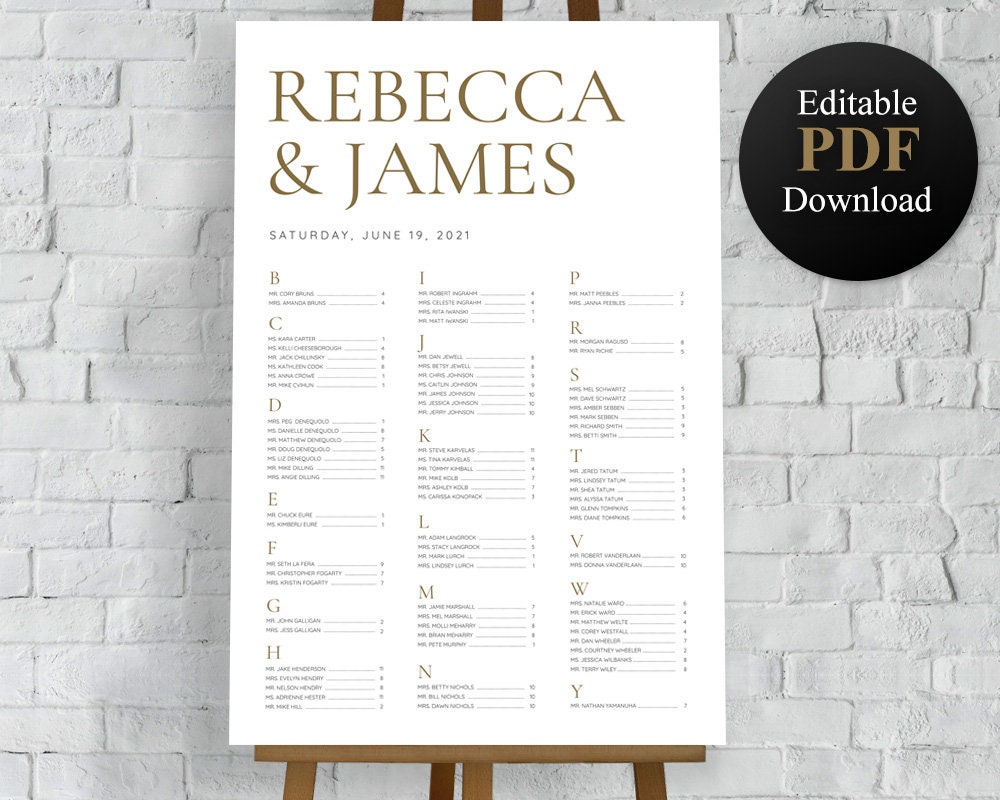 Gold Wedding Seating Chart. Large Alphabetical Seating Plan - Etsy