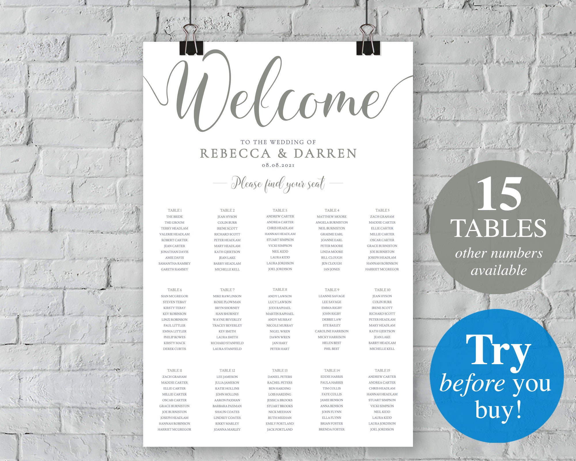 Sage Green Wedding Seating Chart Template 15 Tables - Etsy