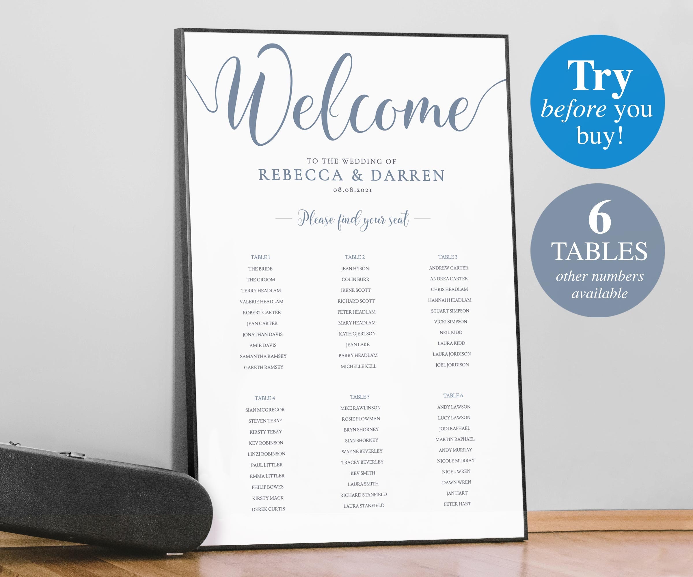 Wedding Seating Chart 6 Tables - Printable Editable Template Download ...