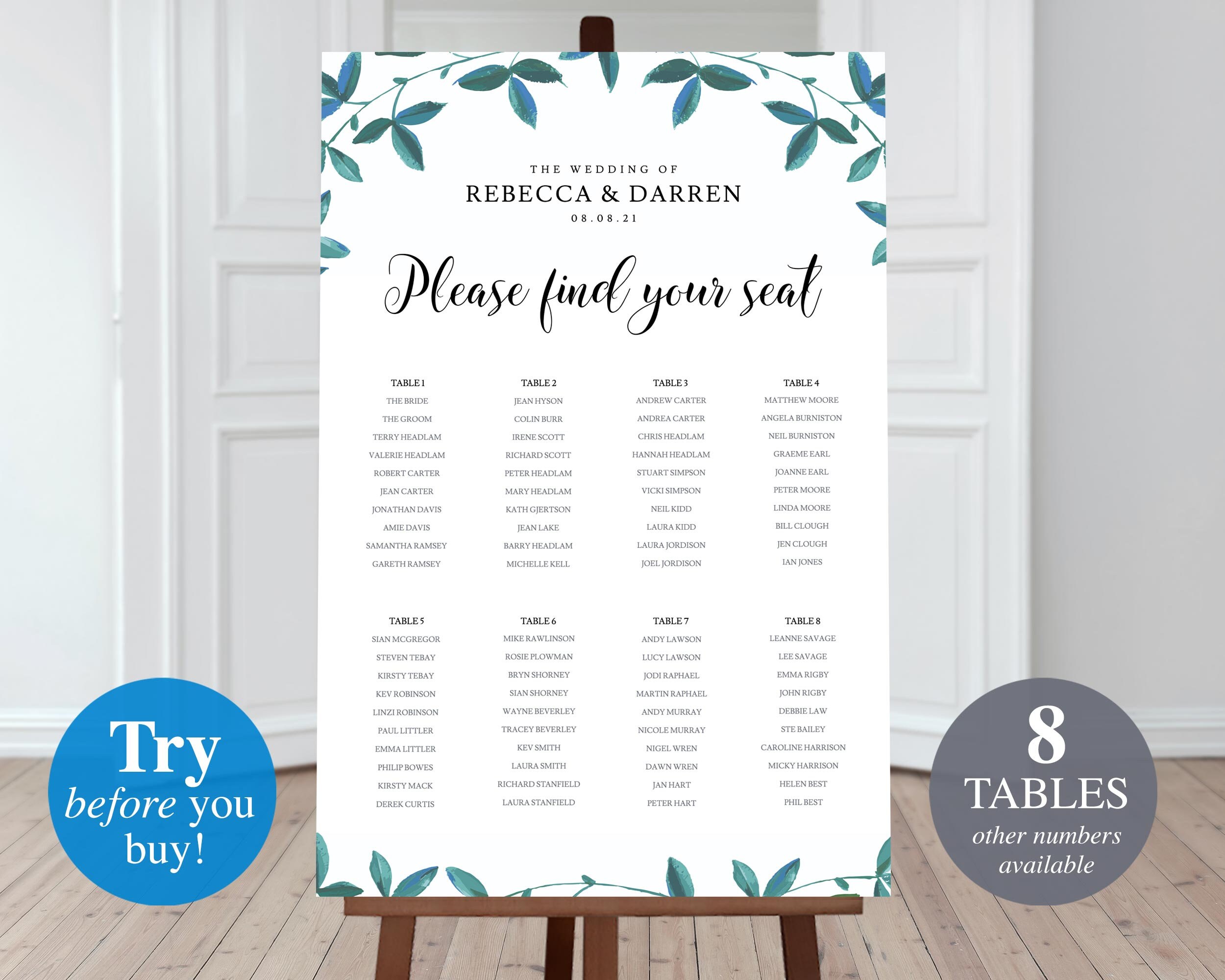 8 Table Seating Chart Template 24x36 - Etsy