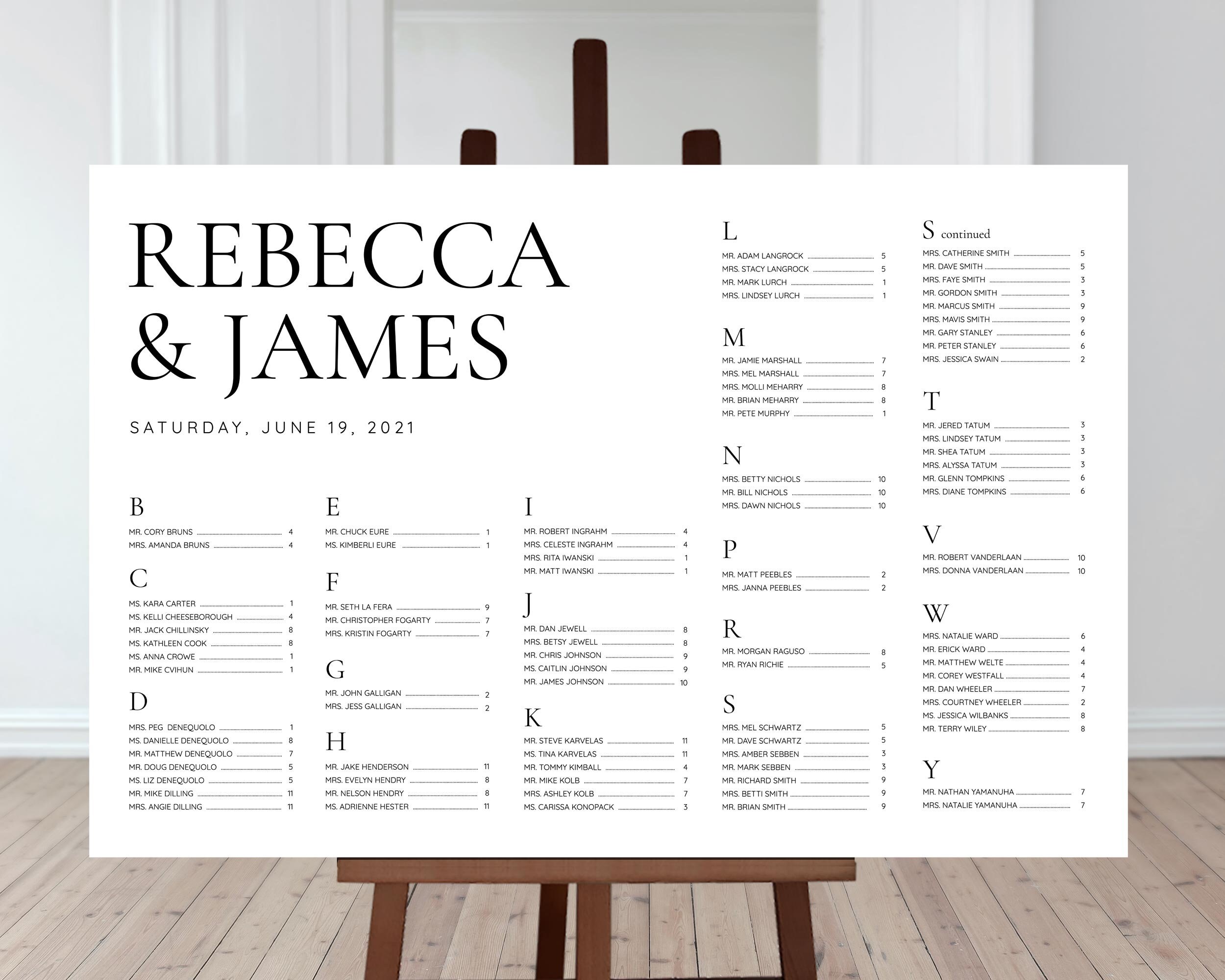 Landscape Seating Chart Template. Large Alphabetical Wedding Seating ...