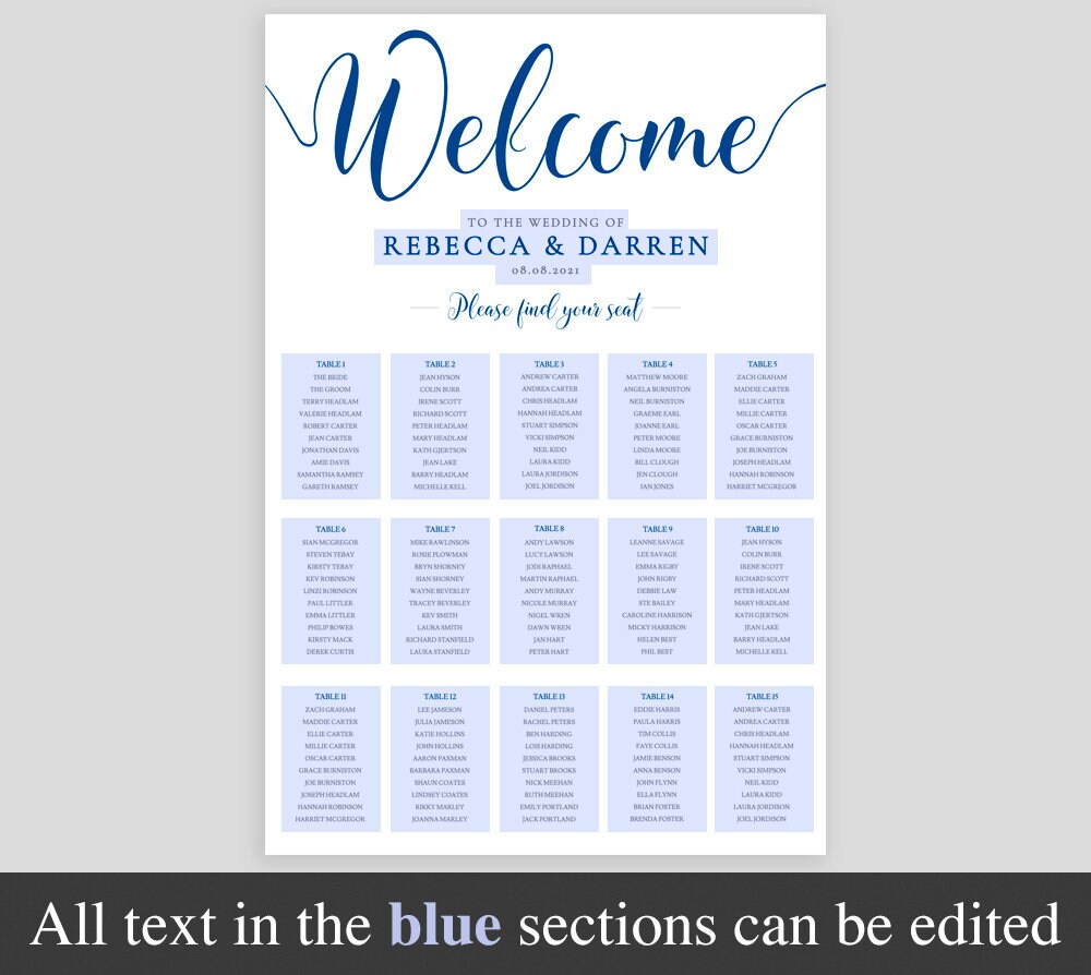 Royal Blue Wedding Seating Chart Template 15 Tables - Etsy