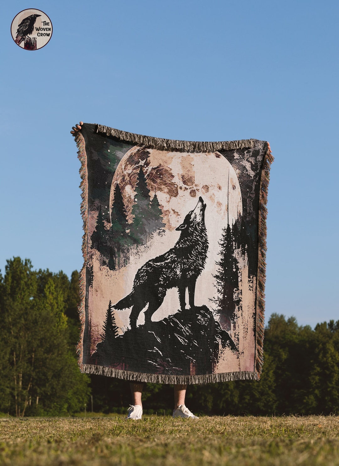 Wolf Woven Blanket, Howling Wolf Tapestry, Wolf Cotton Throw Blanket ...