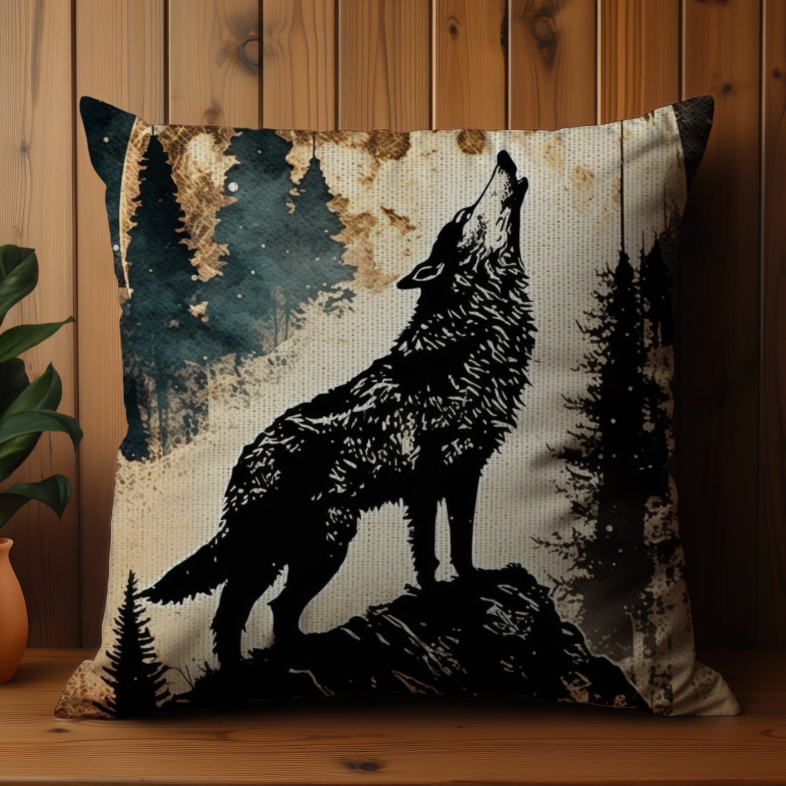 Howling Wolf Woven Pillow, Wolf Decorative Pillow, Rustic Cabin Home ...