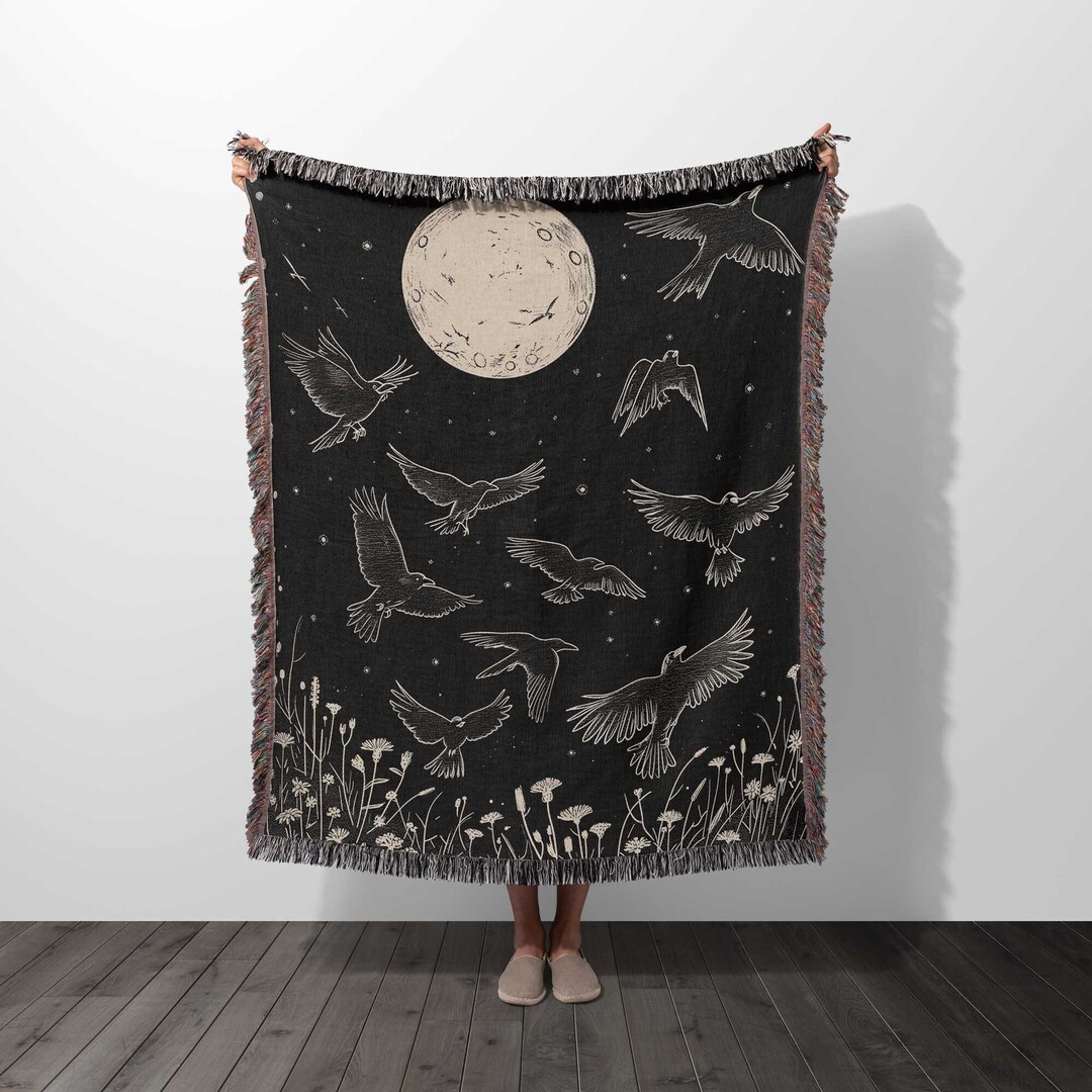 Crows Flying Woven Blanket, Moonlight Raven Tapestry, Goth Decor - Etsy