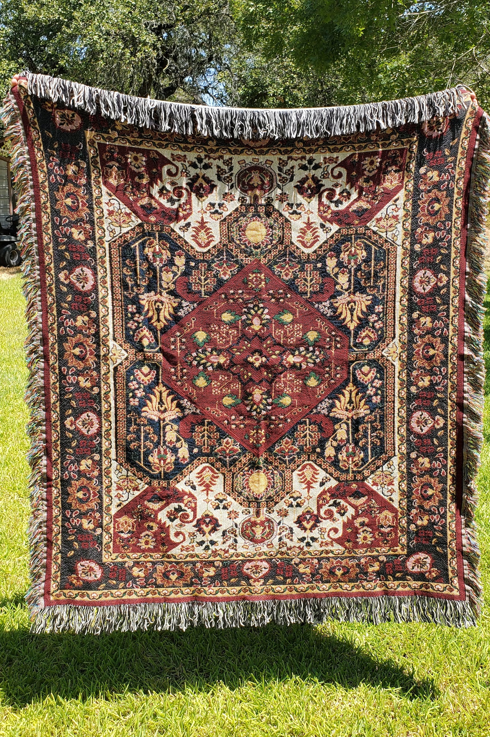 Persian Rug Style Woven Blanket, Arabesque Pattern Throw Blankets ...
