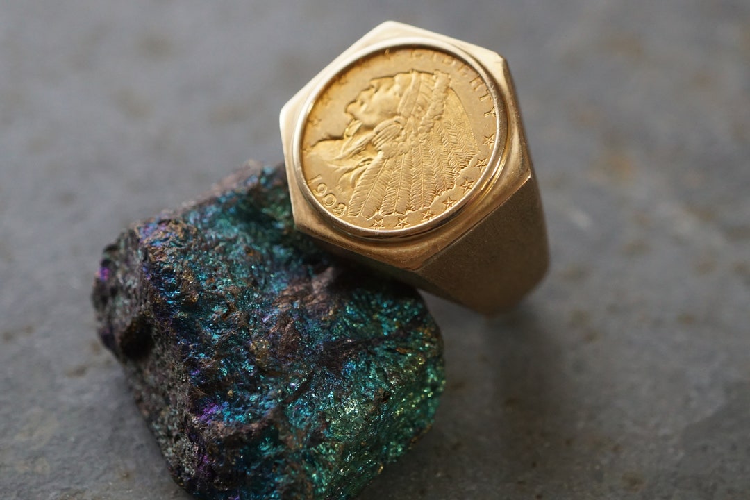 Vintage 1908 Indian Head 14k Gold Coin Ring, Raised, Florentine ...