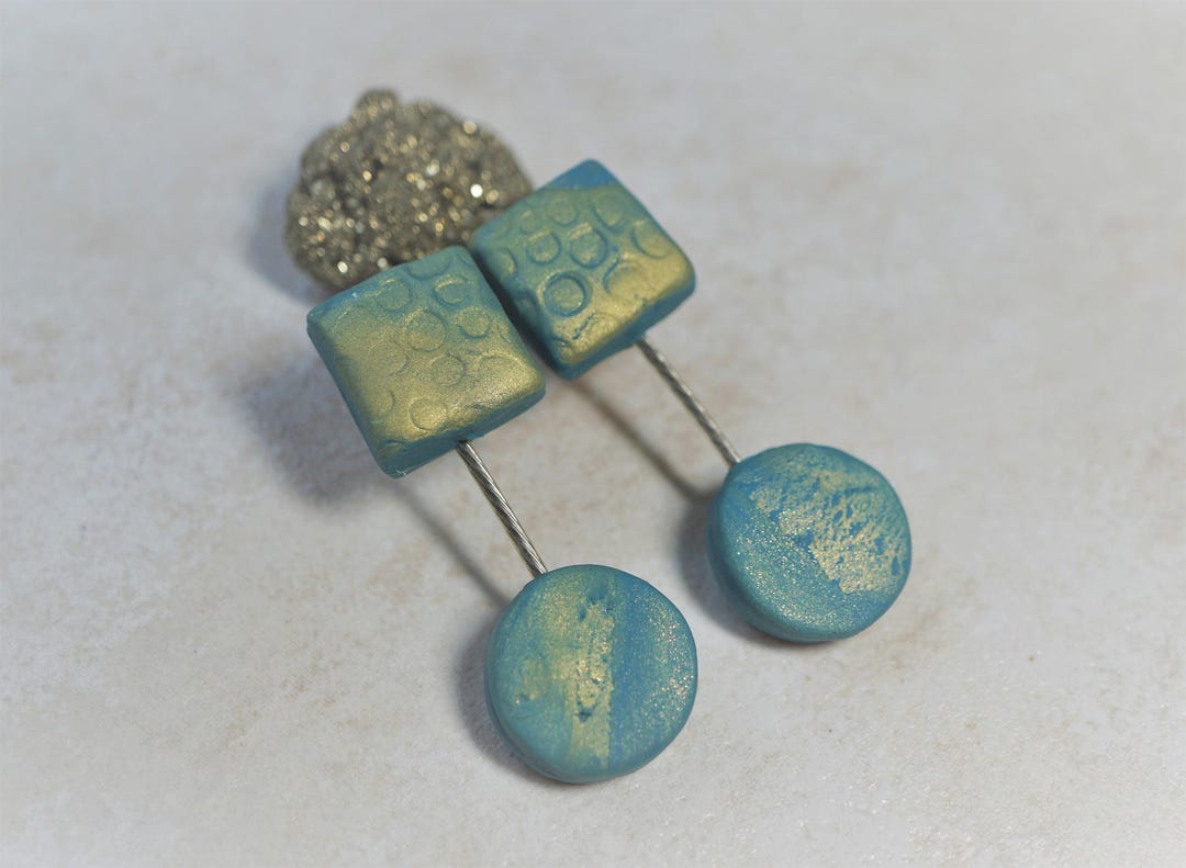 Aqua Gold Polymer Geometric Drop Post Back Earrings, *READ DESCRIPTION ...
