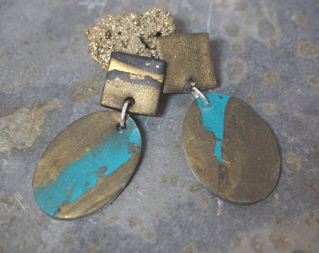 Turquoise Polymer Faux Gold Pyrite Oval Drop Post Back Earrings, *READ ...