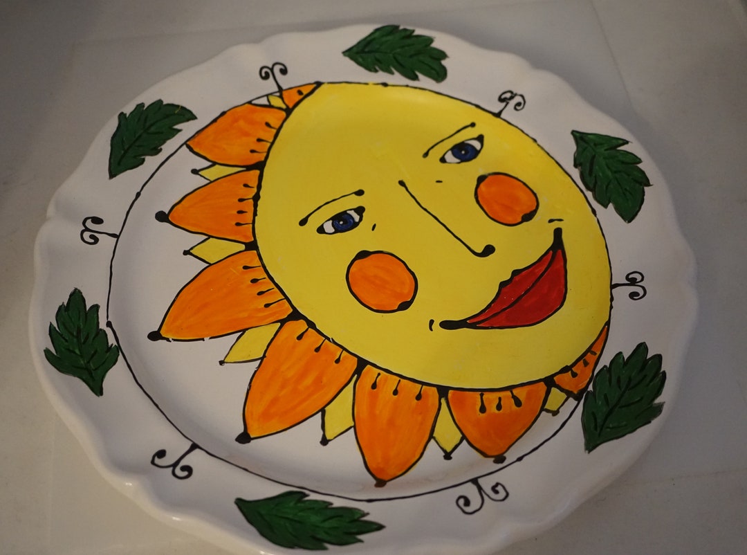 Hand Painted Large Plate, Decorative, Whimsical, Smiling Sun, Scalloped ...