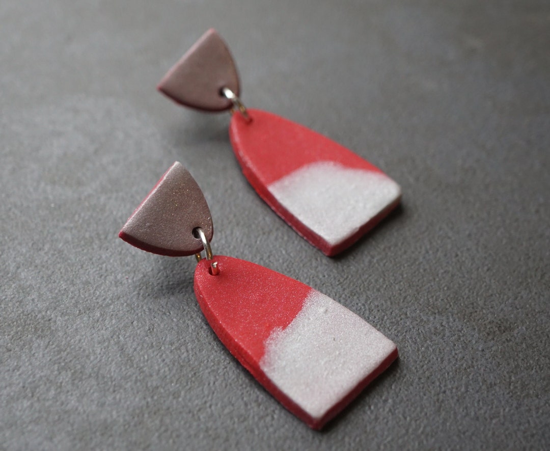 Red Long Polymer Geometric Post Back Earrings, Modern, Mid Century ...