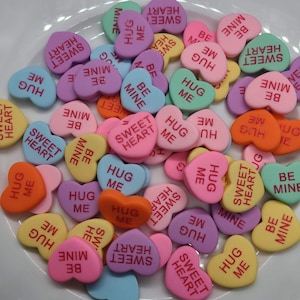5 Multicolor Conversation Heart Resin Cabochons, Valentines Day Heart ...