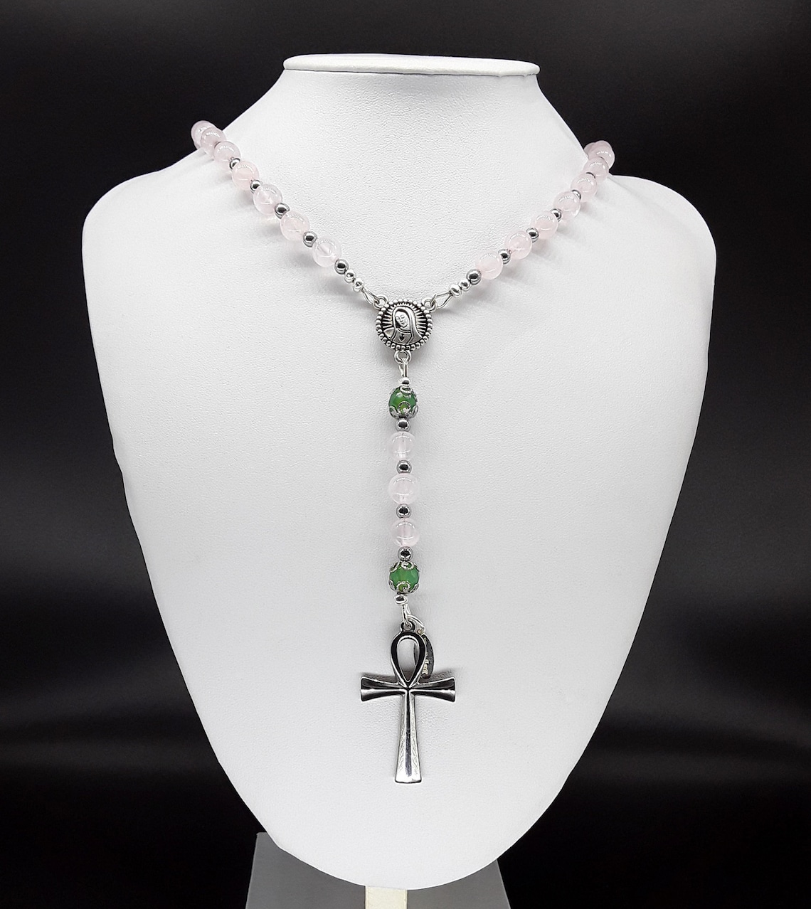 The Hail Mary Ankh 5 Decade Catholic Rosary Made of Silver, Rose Quartz ...