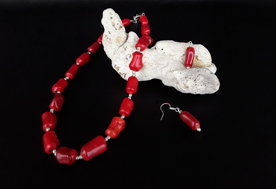 The Maasai Necklace and Earrings Jewelry Set Made of Red Coral and 925 ...