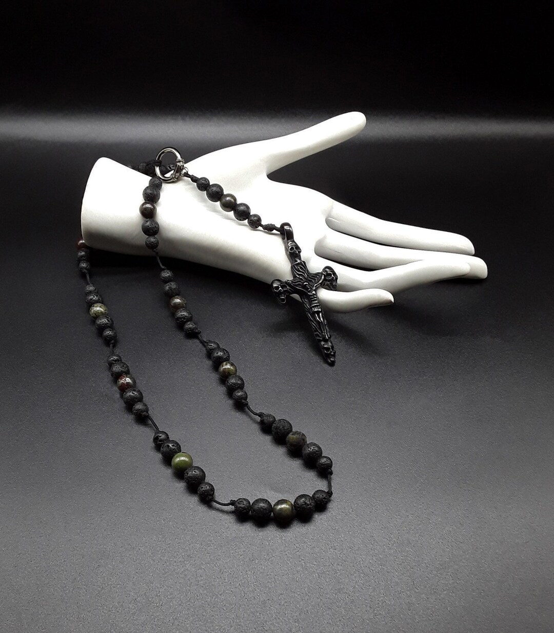 The Skull Cross Dark Catholic Rosary Made of Dragon Blood, Black Lava ...