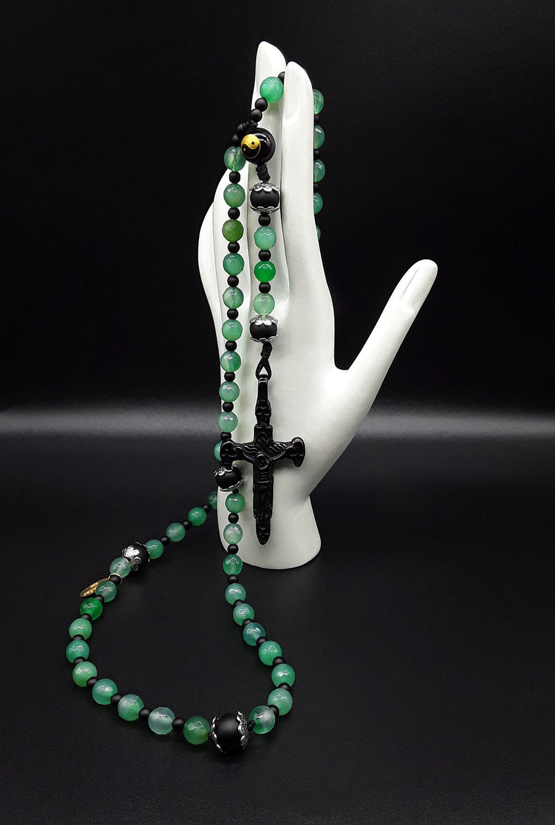 The Feng Shui Skull Cross Catholic Rosary Made of Natural Agate, Black ...