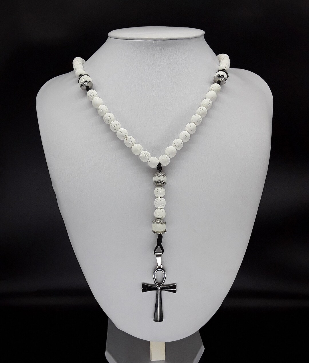 The Ankh 5 Decade Catholic Rosary Made of White Volcanic Lava Stone ...