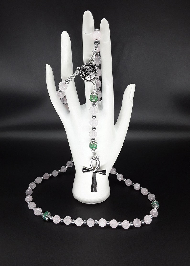 The Hail Mary Ankh 5 Decade Catholic Rosary Made of Silver, Rose Quartz ...