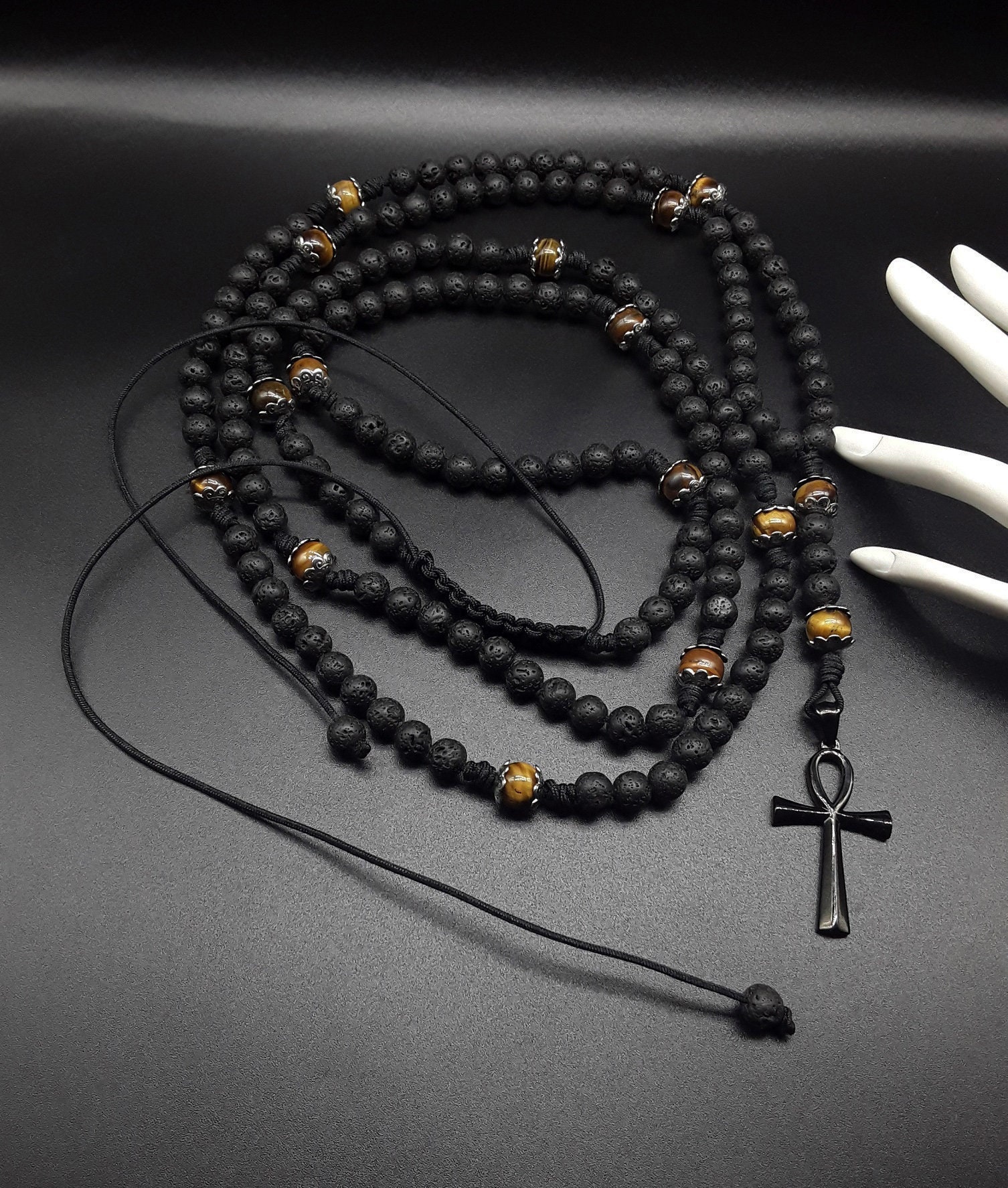 The Ankh Cross Catholic Rosary 15 Decades - Made of Pure Tiger's Eye ...