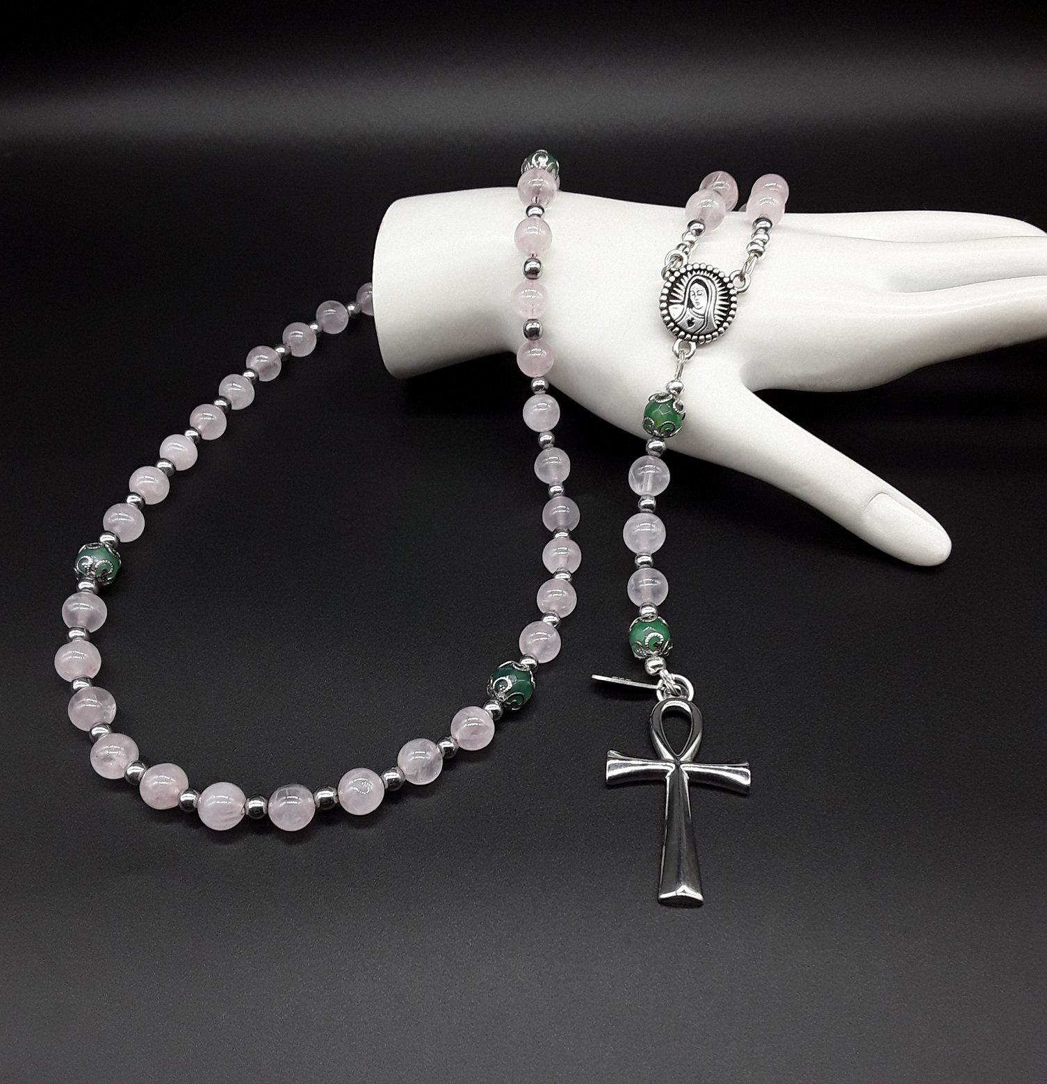 The Hail Mary Ankh 5 Decade Catholic Rosary Made of Silver, Rose Quartz ...