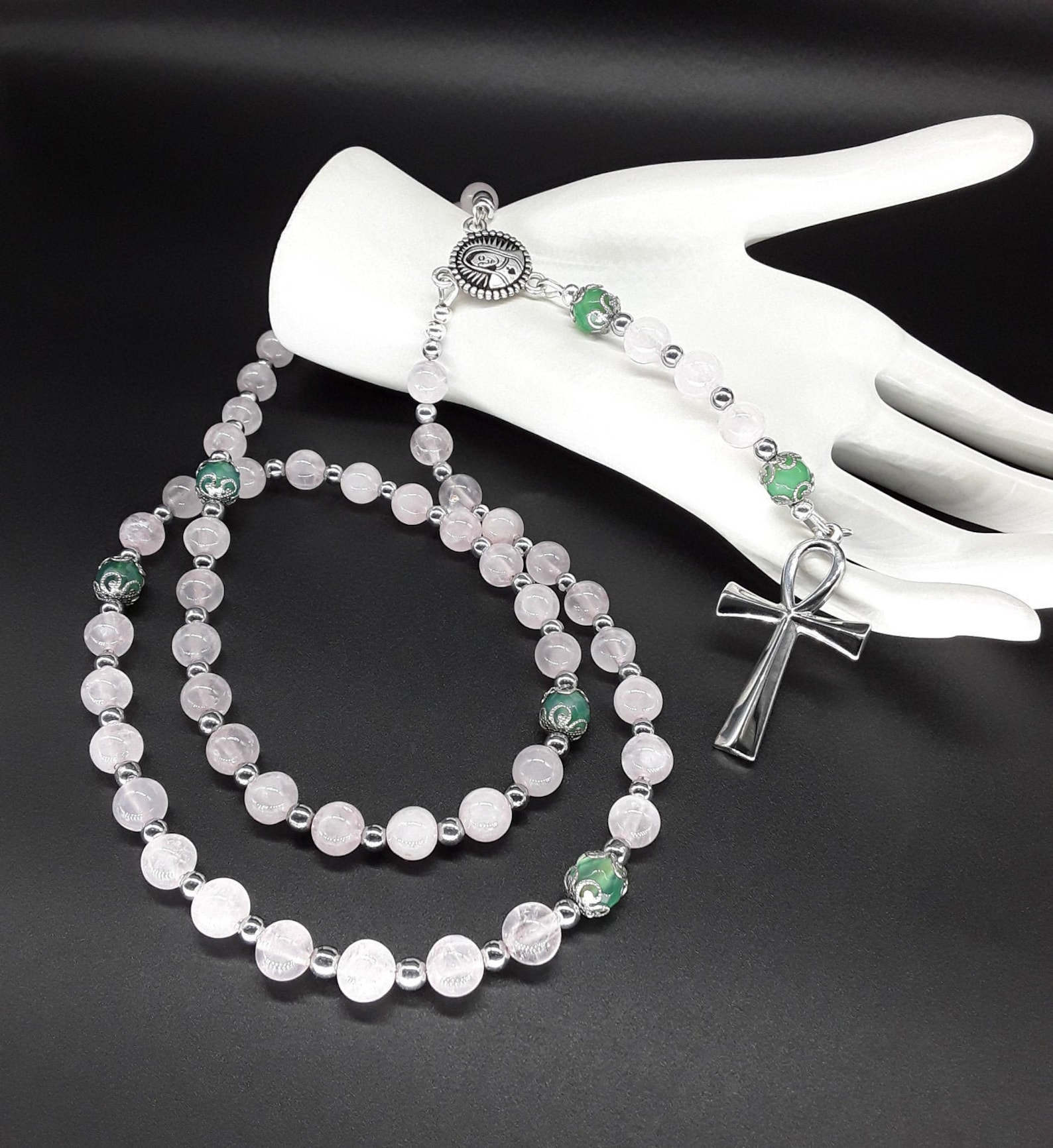 The Hail Mary Ankh 5 Decade Catholic Rosary Made of Silver, Rose Quartz ...