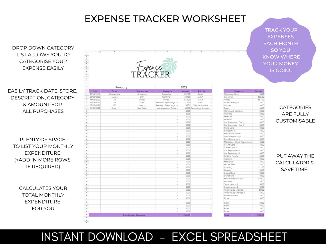 Expense Tracker Excel Worksheet Excel Expense Tracker | Etsy