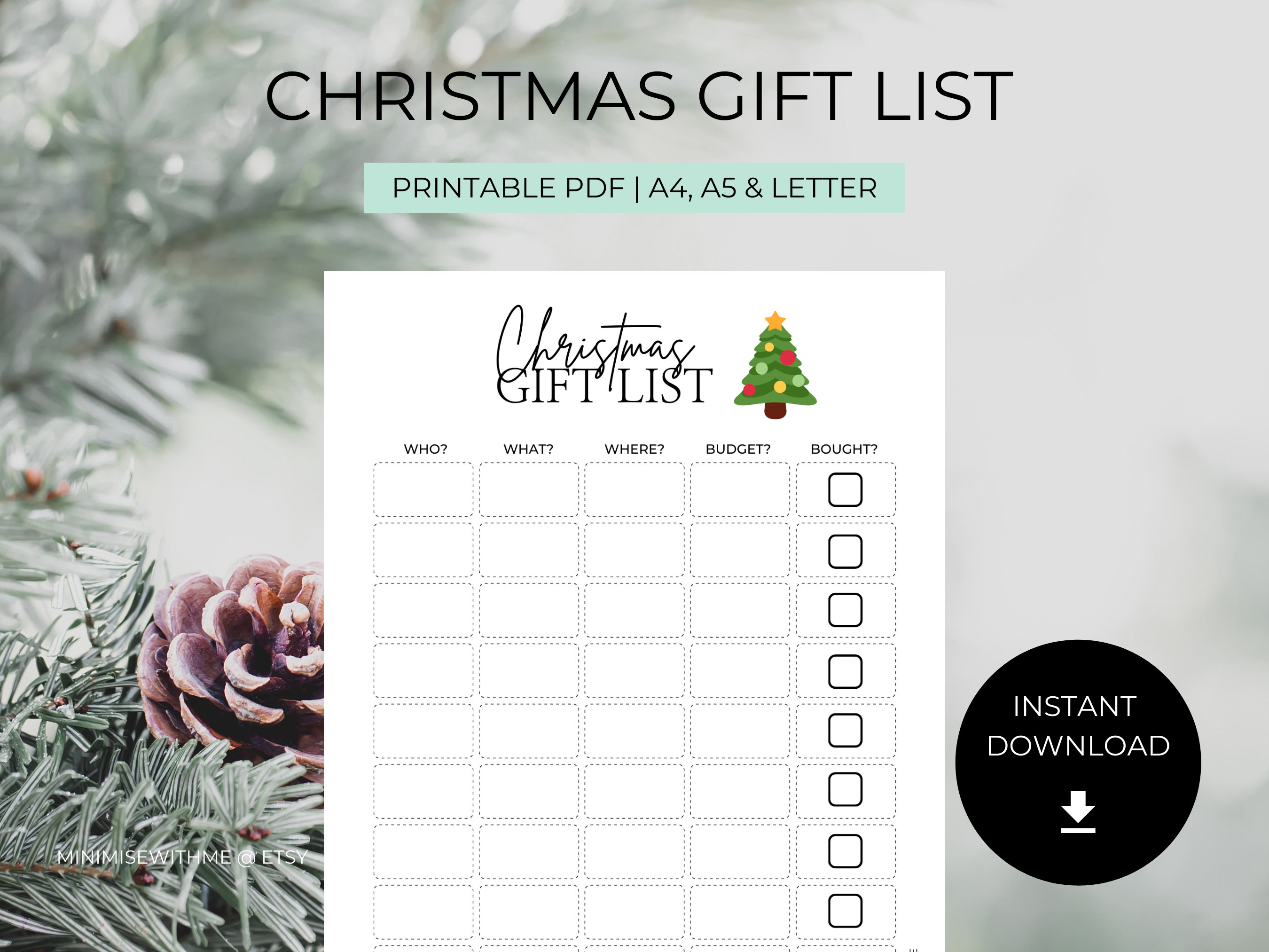 Christmas Gift List PDF Gift List PDF Christmas Shopping - Etsy