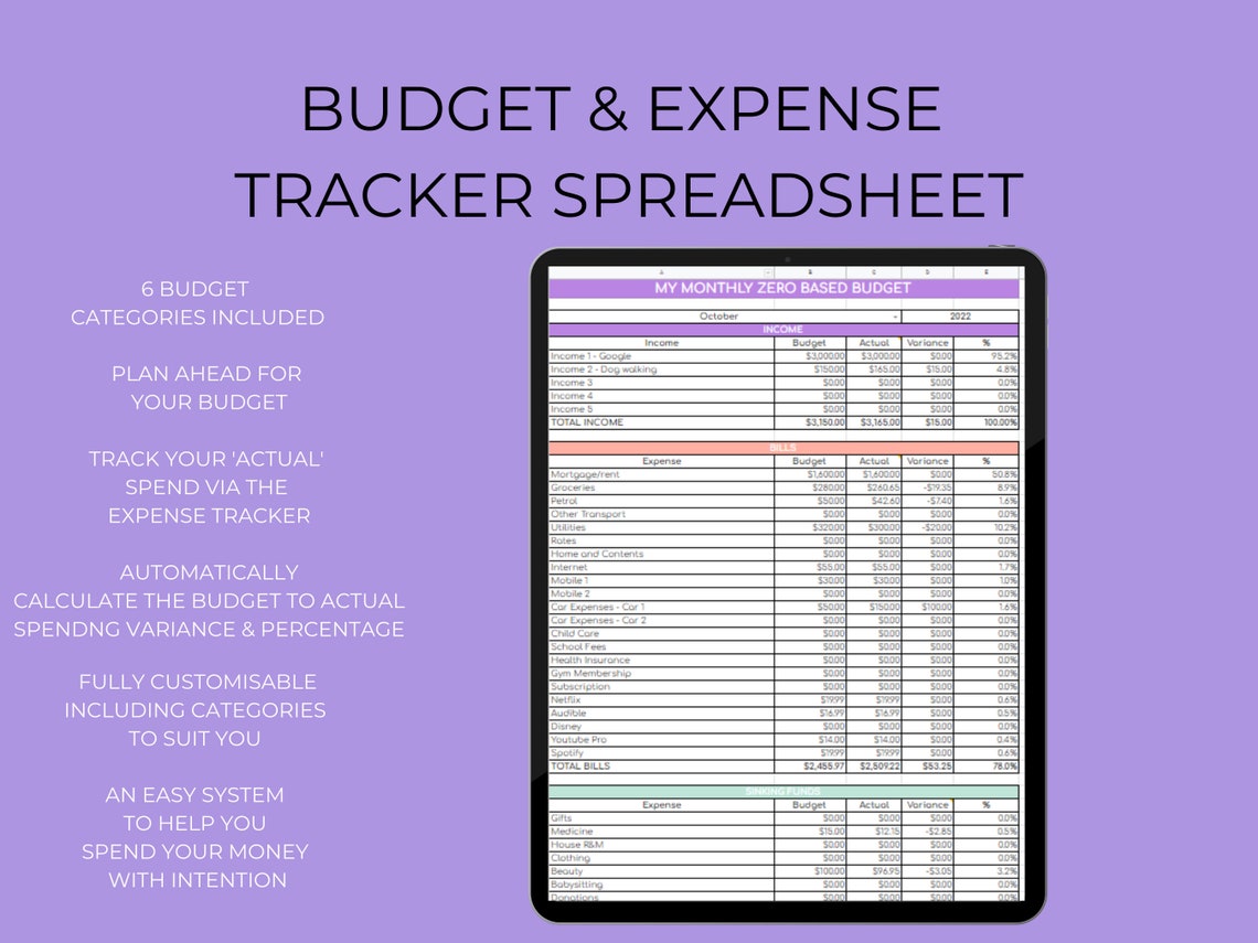 Budget and Expense Tracker, Monthly Budget Spreadsheet, Monthly Expense ...