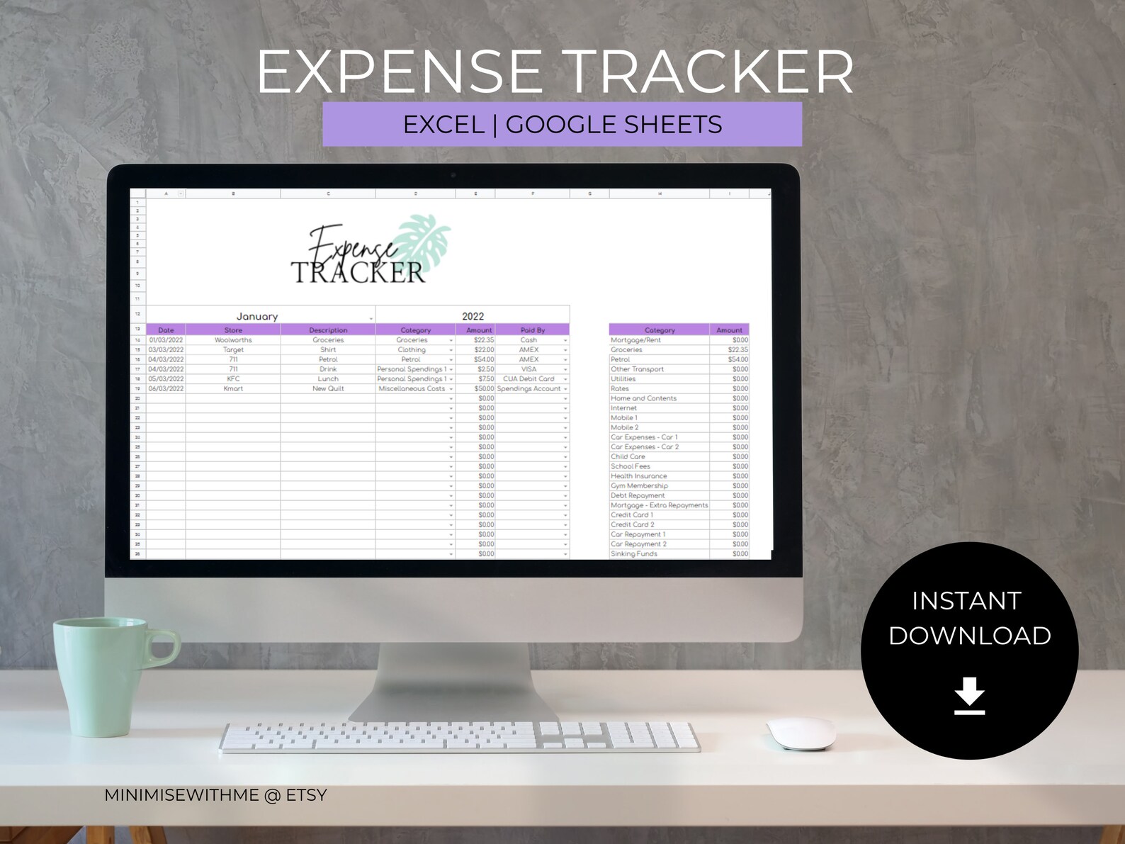 Expense Tracker Excel Worksheet Excel Expense Tracker - Etsy Australia