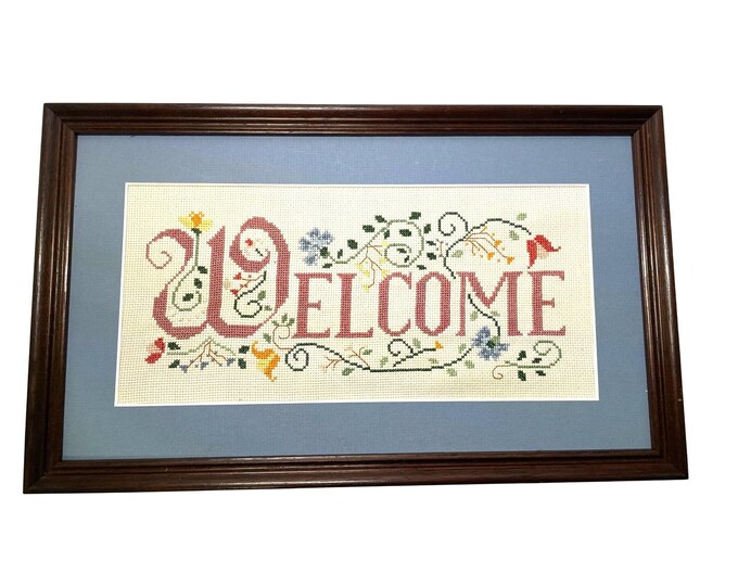Vintage Framed Cross Stitch Embroidery Welcome Sign With Floral Design ...