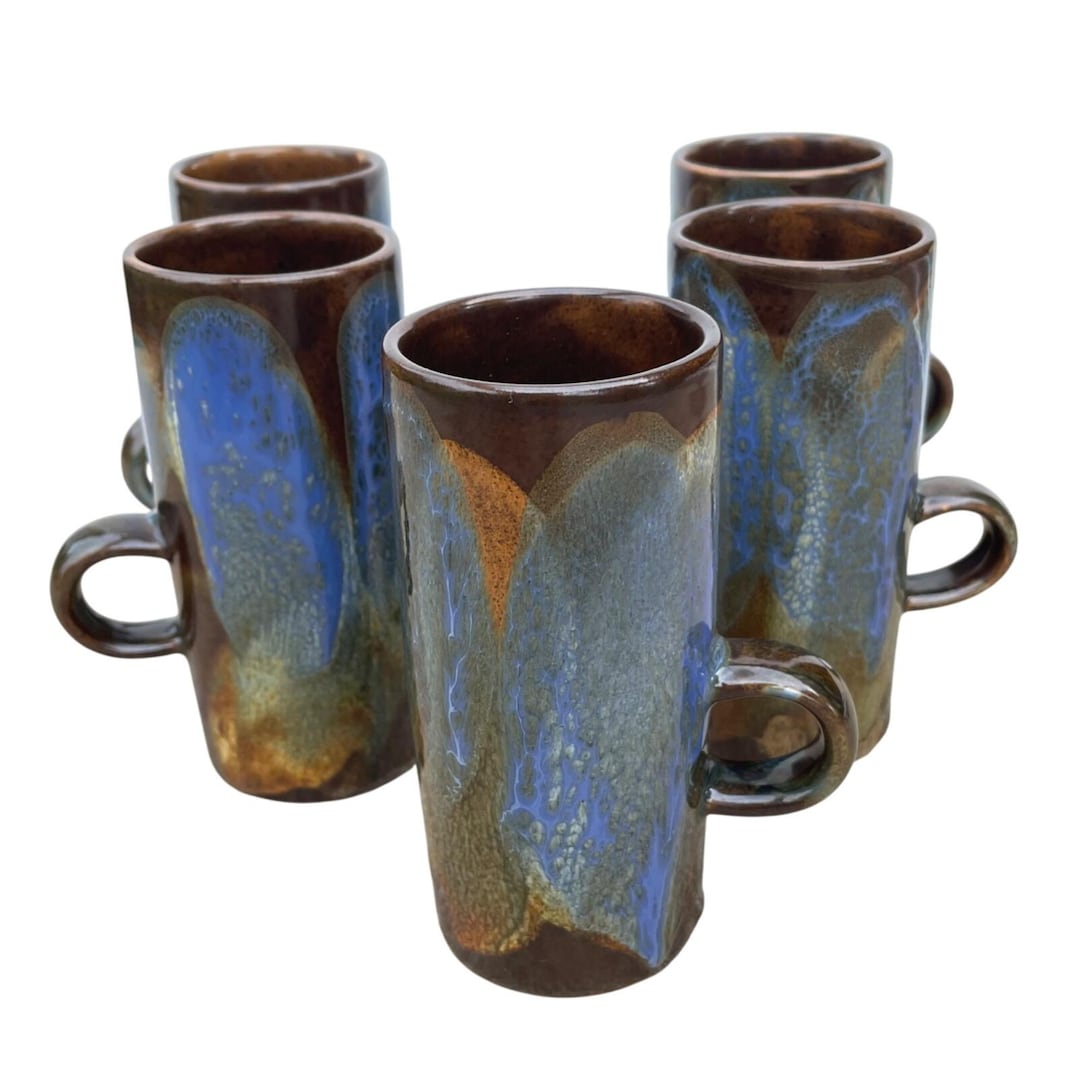Vintage Divito Hand Thrown Espresso Mugs 5 Set Brown Blue Stoneware ...