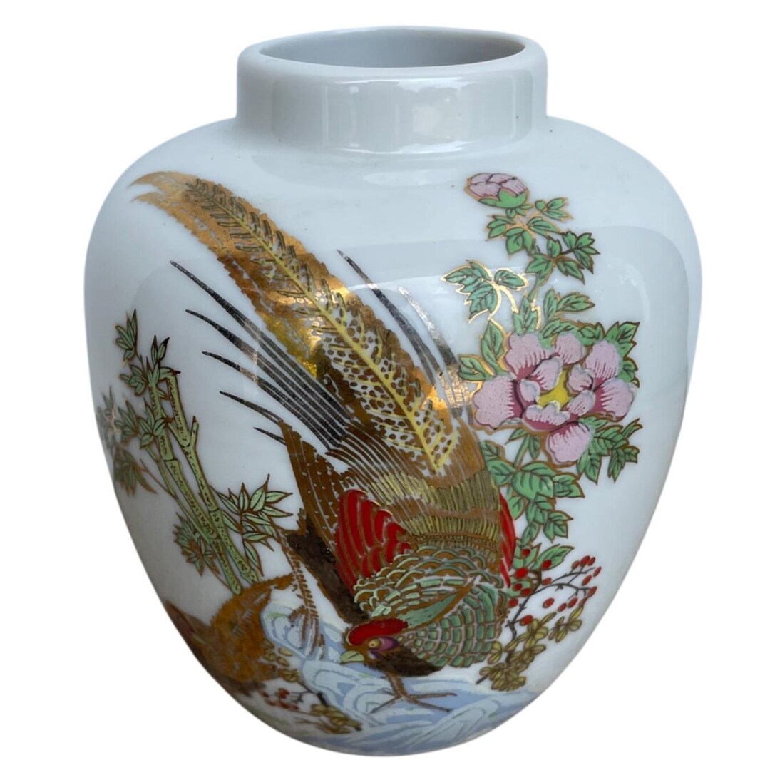 Vintage Japanese Pheasant Birds Vase White Porcelain Floral Gold Asian ...