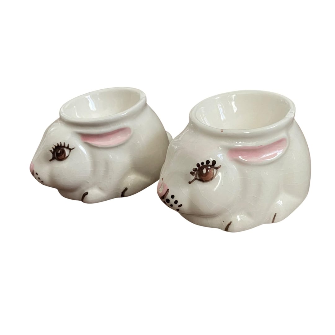 Vintage Ceramic Rabbit Egg Cups Set White & Pink Hand-painted Easter ...