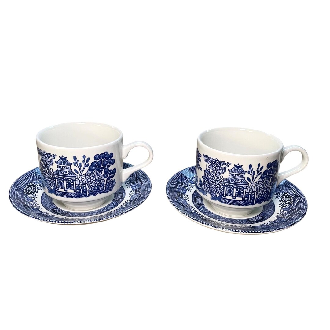Set of 2 Blue Willow Pattern Tea Cups & Saucers Churchill Staffordshire ...