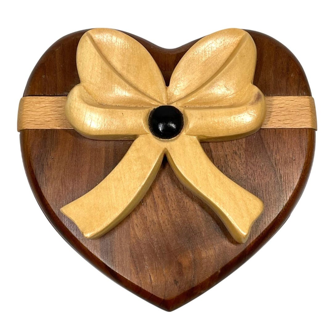 Handcrafted Wooden Heart Shaped Puzzle Ring Box Flower Jewelry ...