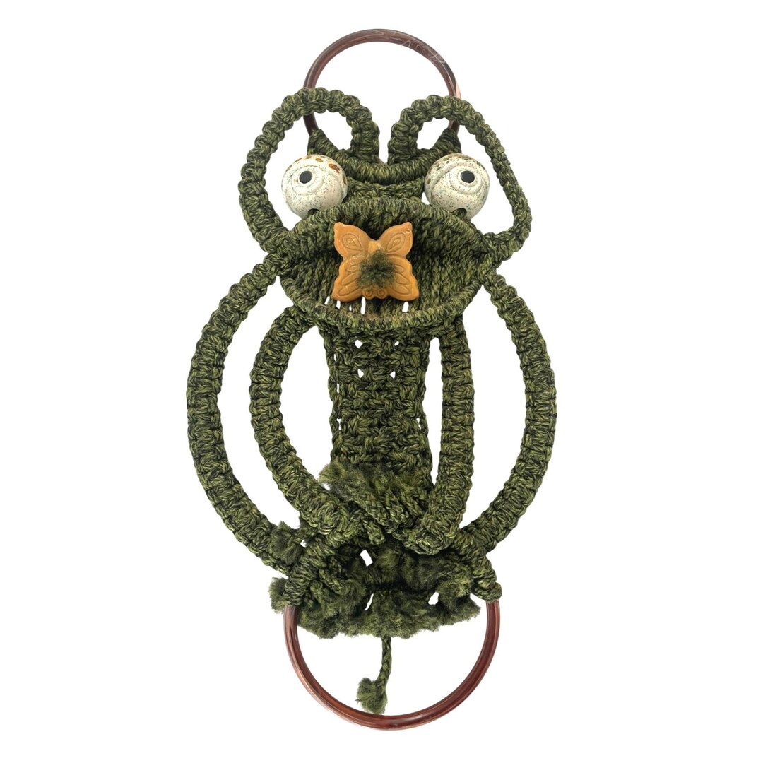 Vintage 1970s Handmade Macrame Frog Towel Ring Ceramic Eyes & Butterfly Soap Towel Holder Wall ...