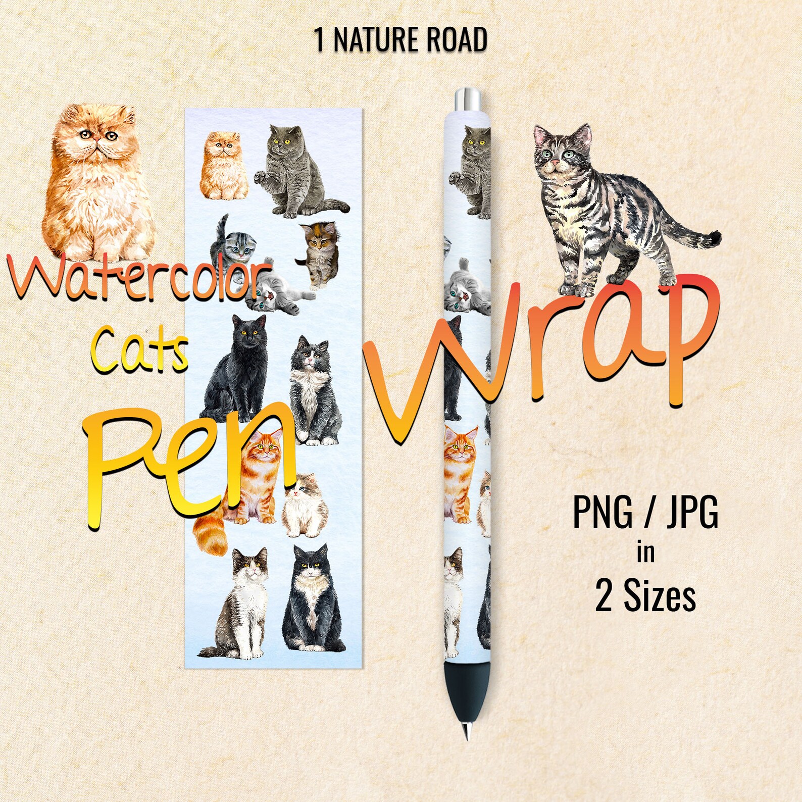 Watercolor Cats Pen Wrap, Printable Digital Download Designs for ...