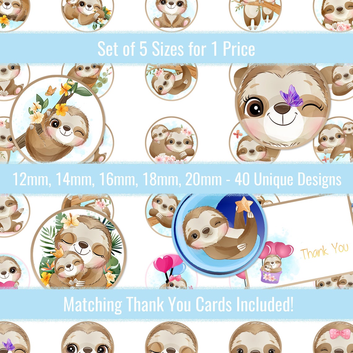 Sloths 12mm 14mm 16mm 18mm 20mm Circle Images Digital Collage Sheet for ...