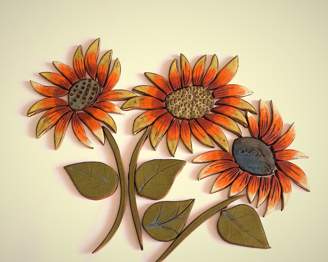 Three Extra Large Ceramic Sunflowers, Tiles Set for Mosaic and Wall ...
