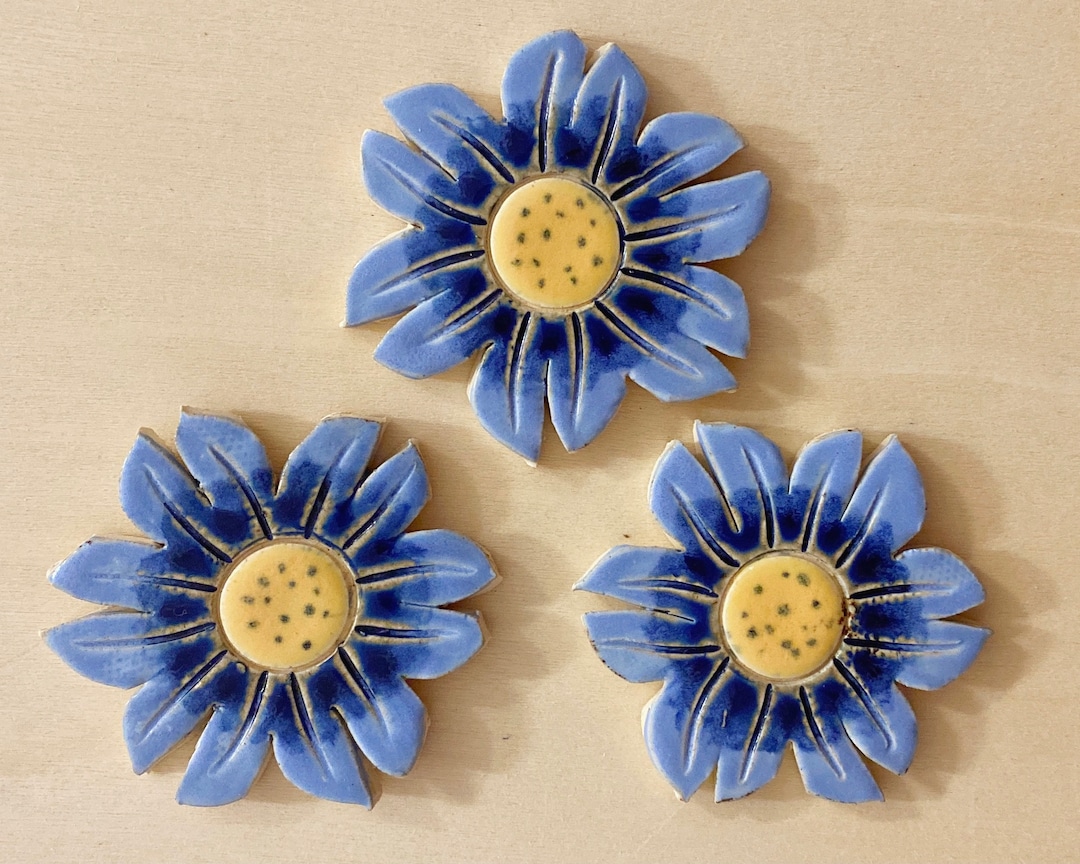 Ceramic Flower Tiles, Light Blue Flower Tiles, Mosaic Tiles (3 Pieces ...