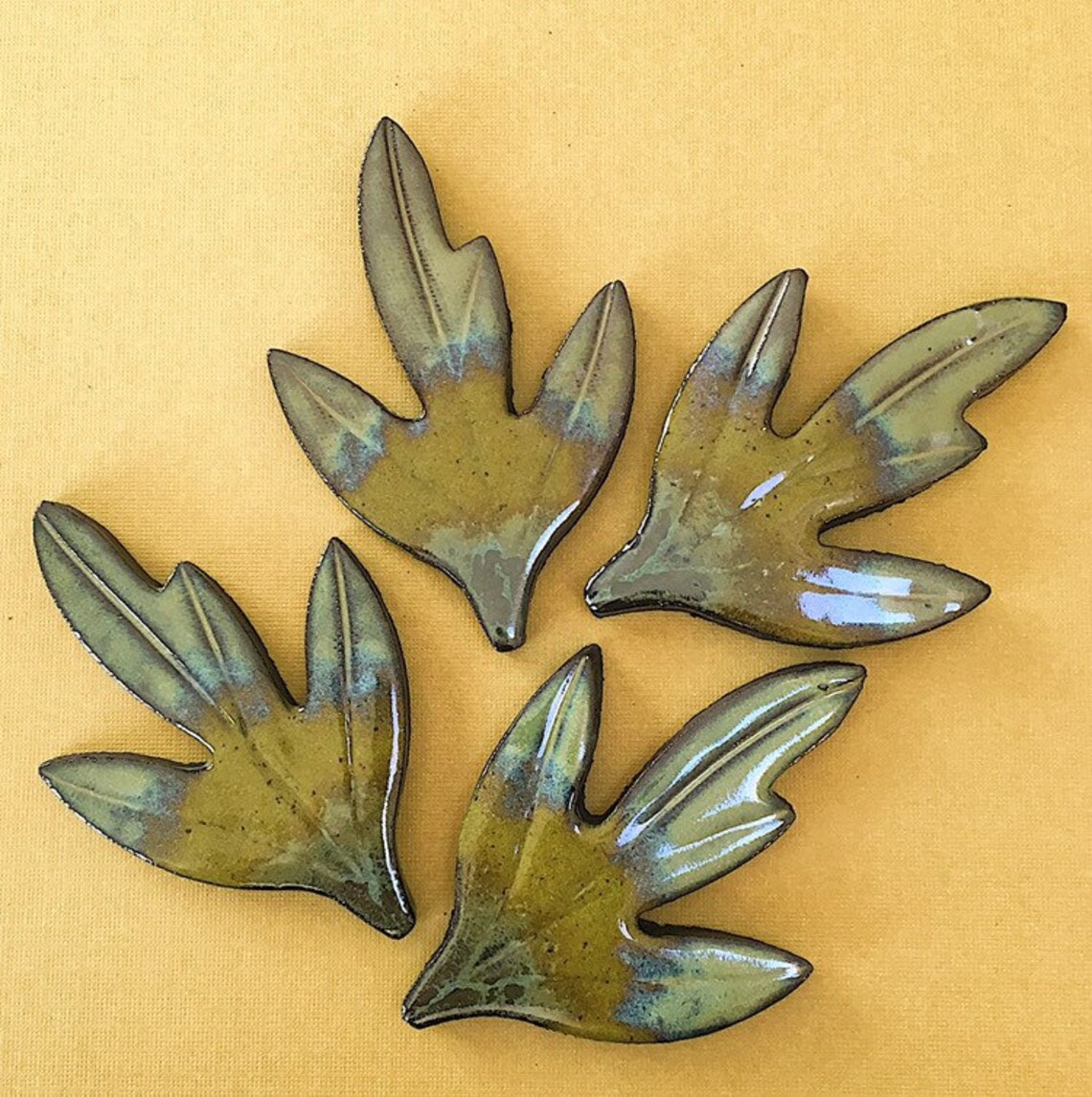 Ceramic Leaves in 3 Green Shades Handmade Green Leaf tiles | Etsy