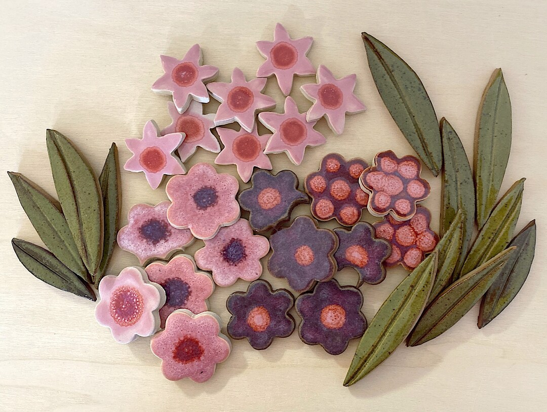 Colorful Ceramic Flower Tiles in Pink and Purple, and Green Leaves 32 ...
