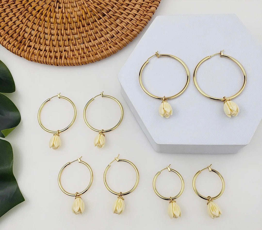 Gold Hoops White Pikake Shell - Etsy